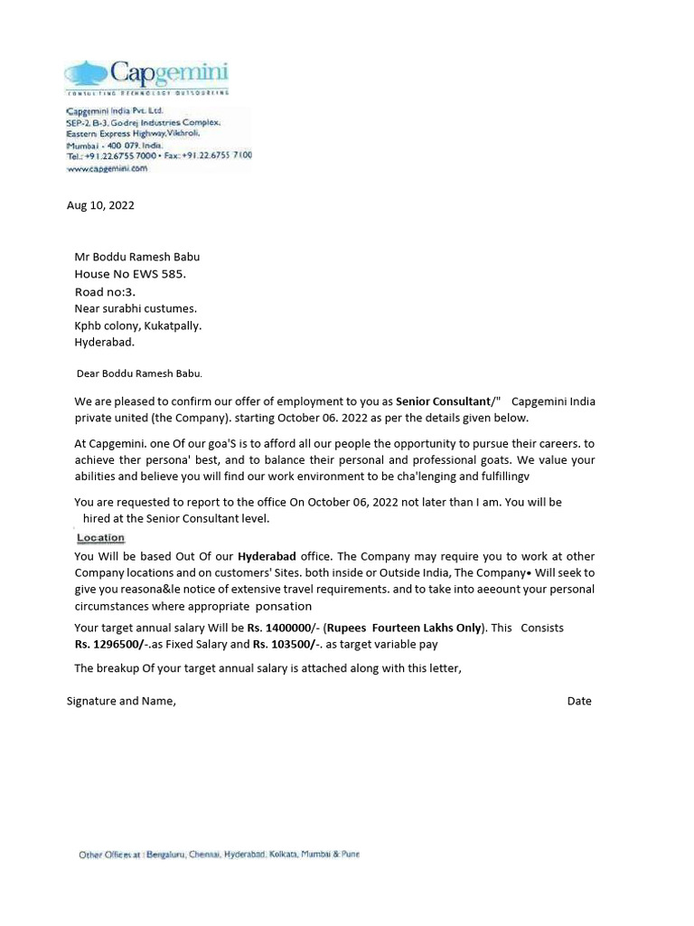 Capgemini Offer Letter | PDF