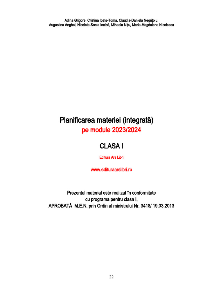 Planificarea Pe Module Cls 1 Ars Libri 2023 2024 | PDF