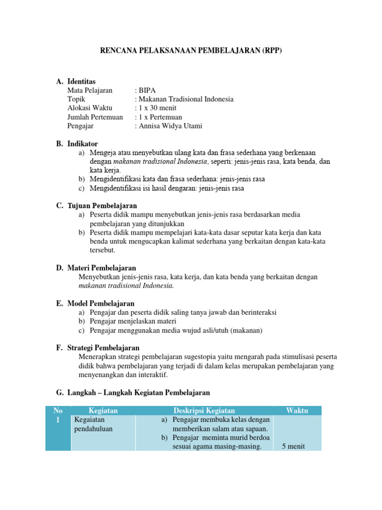 RPP BIPA: Makanan Tradisional Indonesia | PDF