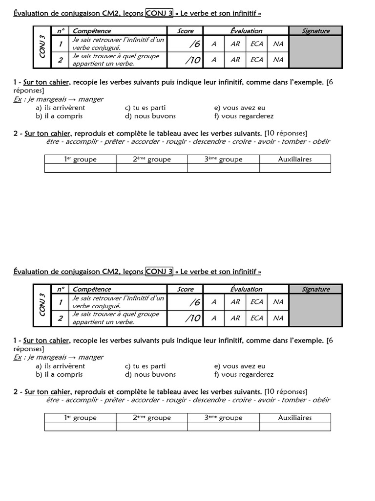 Évaluation des verbes à l'infinitif CM2 | PDF | Verbe | Conjugaison