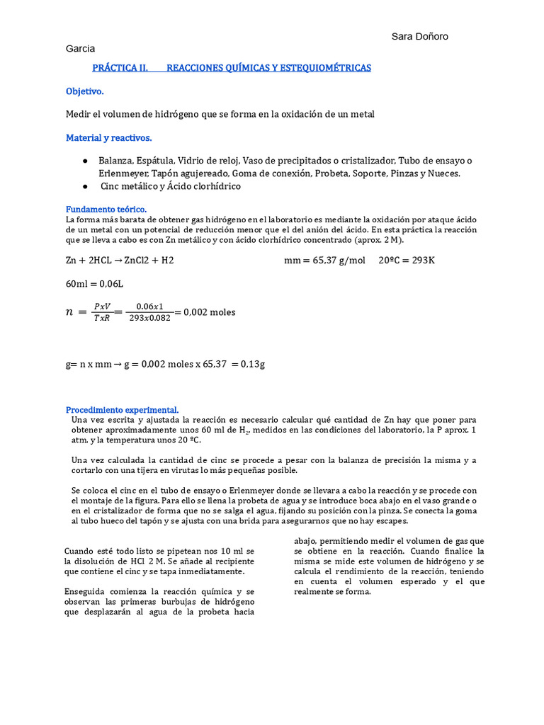 PRÁCTICA II. Sara Doñoro Garcia | PDF | Ácido clorhídrico | Reacciones químicas
