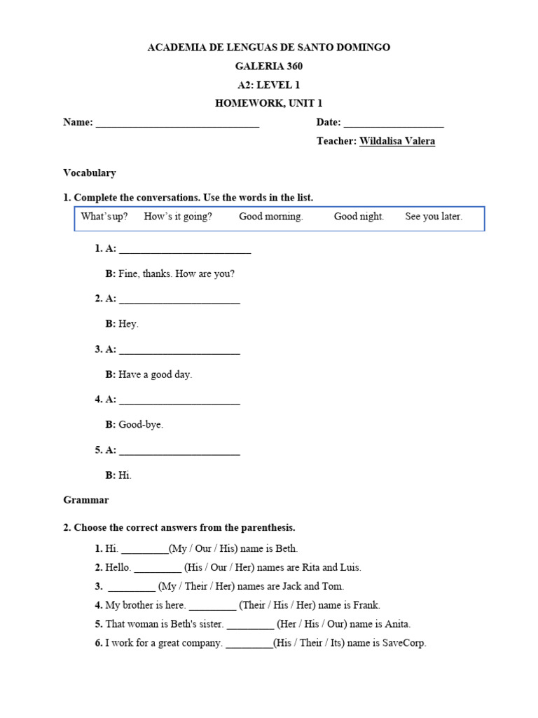 Unit 1, HW | PDF | Foreign Language Studies | Wellness