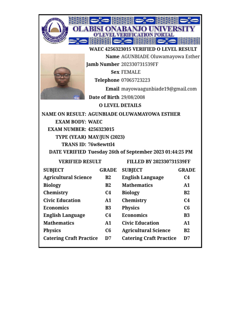 Waec 4256323015 Verified o Level Result | PDF