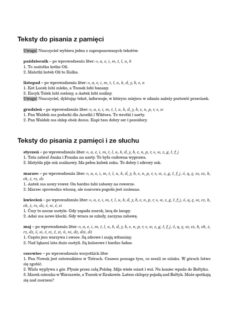 Teksty Do Pisania Z Pamieci Lub Ze Sluchu Klasa 1 | PDF