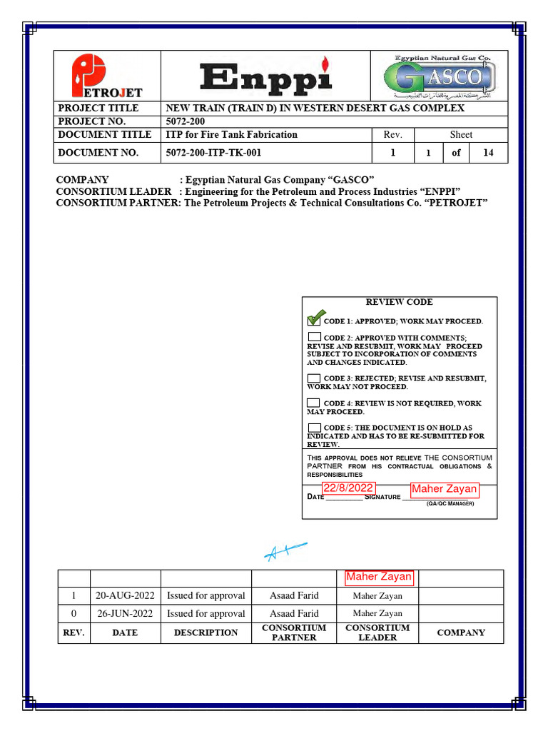 5072-200-ITP-TK-001 - 1 - Code 1 - ITP For Fire Tank Fabrication | PDF