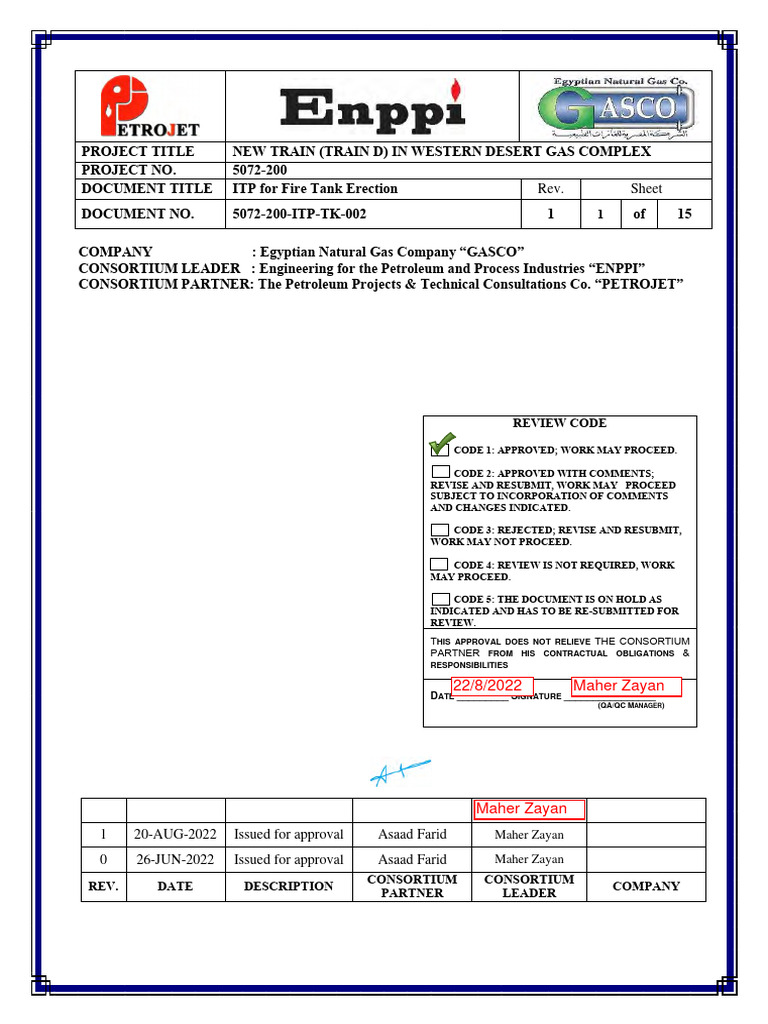 5072-200-ITP-TK-002 - 1 - Code 1 - ITP For Fire Tank Erection | PDF