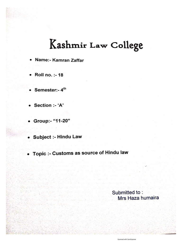 Custom As Source of Law by Kamran Zaffar Roll No | PDF