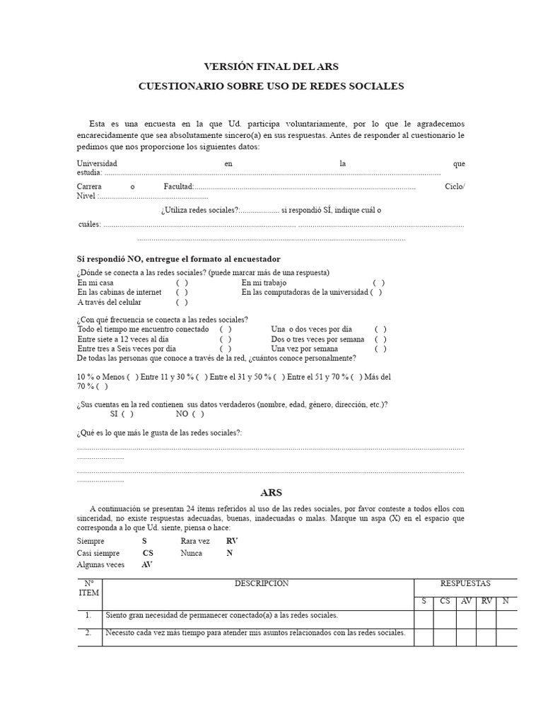 Adiccion A Las Redes Sociales (Test) | PDF