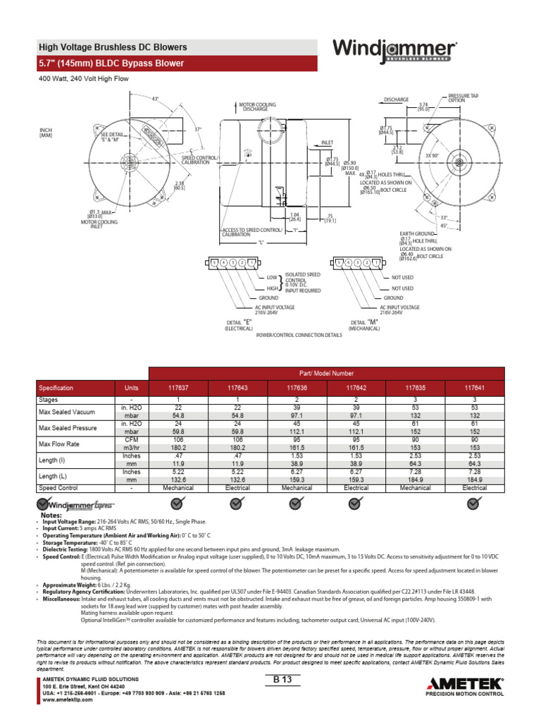 Ametek Windjammer 117637 117643 117636 117642 117635 117641 Spec Sheet ...