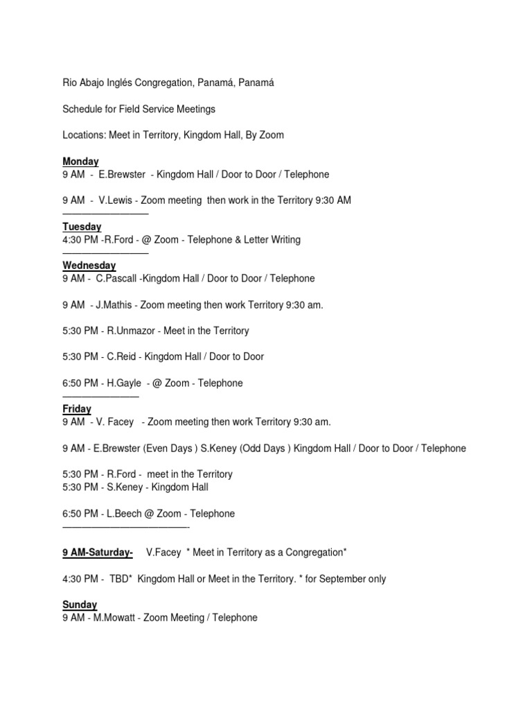 Schedule For Field Service Meetings | PDF