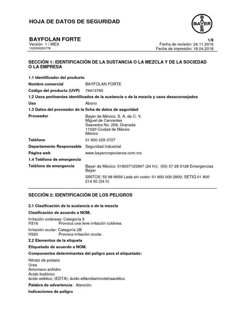 Bayfolan Forte Hoja de Seguridad - 2018 | PDF | Amoníaco | Agua