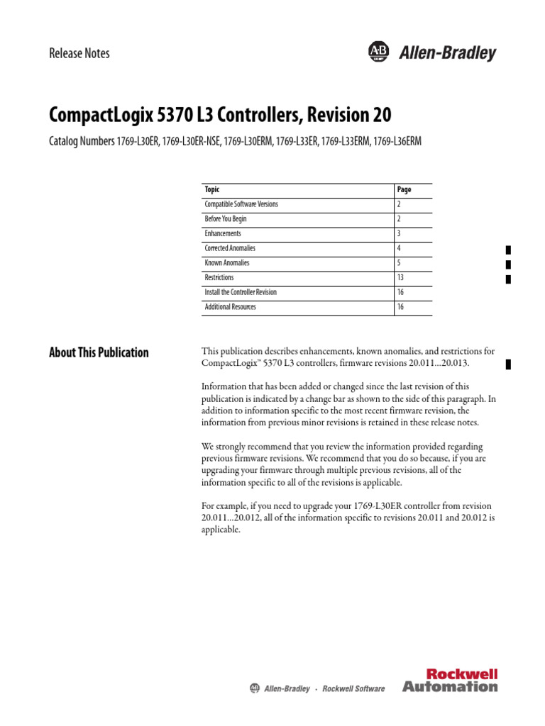 Compactlogix 5370 L3 Controllers, Revision 20: Release Notes | PDF ...