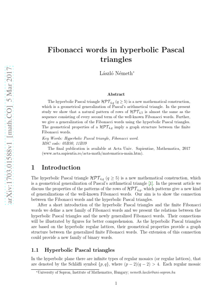 Fibonacci Words in Hyperbolic Pascal Triangles | PDF | Hyperbolic Geometry | Triangle