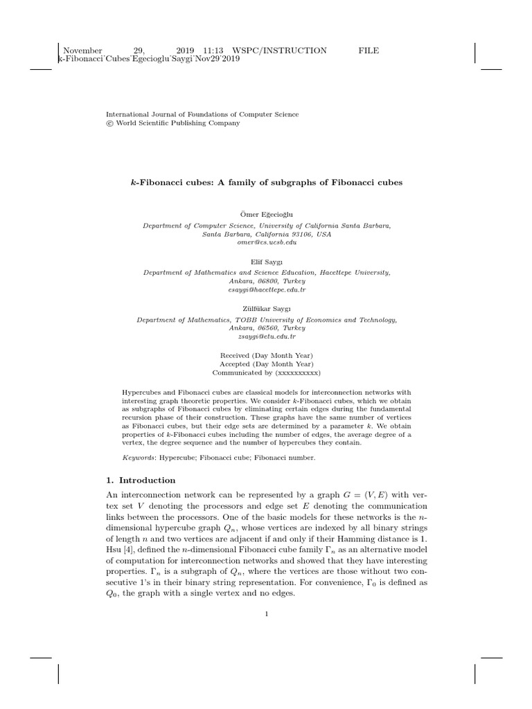 K-Fibonacci Cubes Egecioglu Saygi Nov29 2019 | PDF | Vertex (Graph Theory) | Matrix (Mathematics)