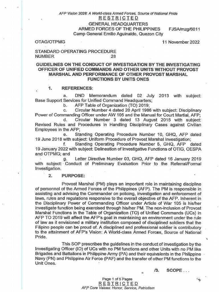 SOP NR 28 GHQ, AFP DTD 11 Nov 22with Subject, Guidelines On The Conduct of Investigation by The ...