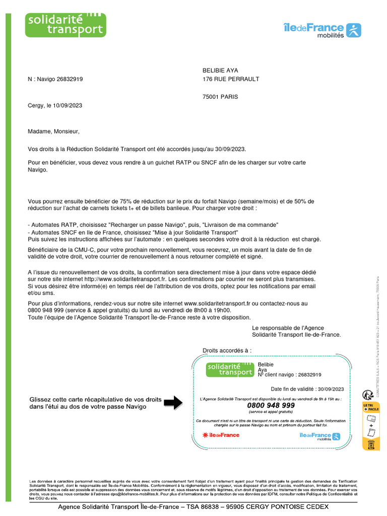 Réduction Solidarité Transport Navigo | PDF