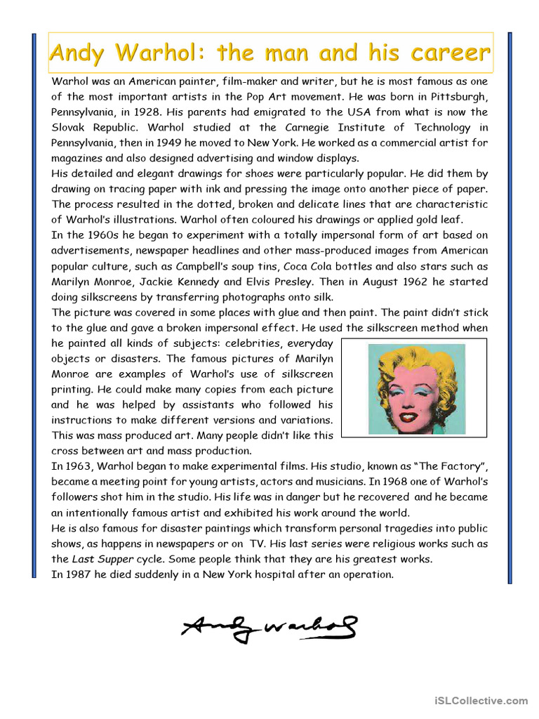 Andy Warhol - Reading Comprehension & Writing | PDF | Andy Warhol | The Arts