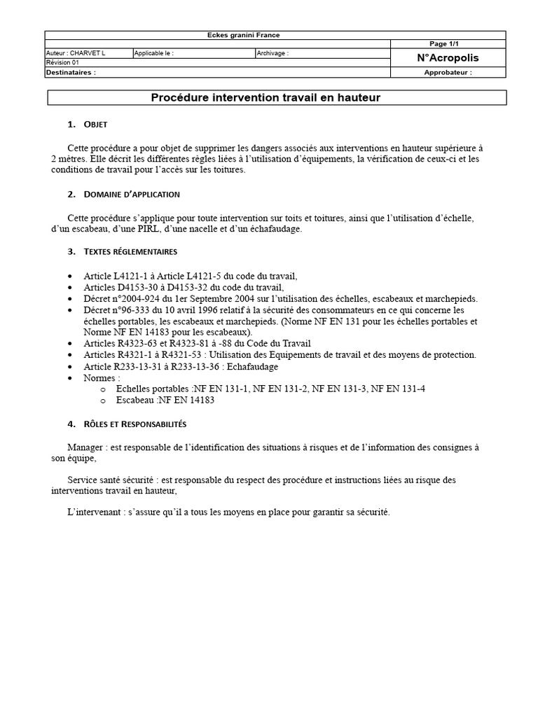 Procédure Travail en Hauteur | PDF