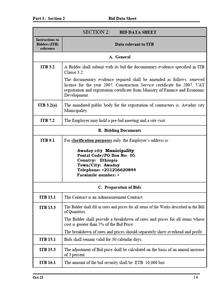 Section 2 Bid Data Sheet (BDS) Awaday | PDF