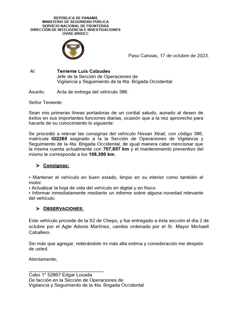 Acta de Entrega Del Veh. 386 | PDF