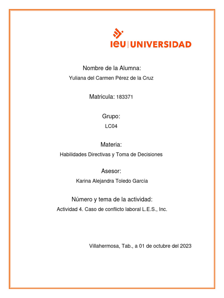 Actividad 4. Caso de Conflicto Laboral L.E.S., Inc. | PDF | Business | Pensamiento