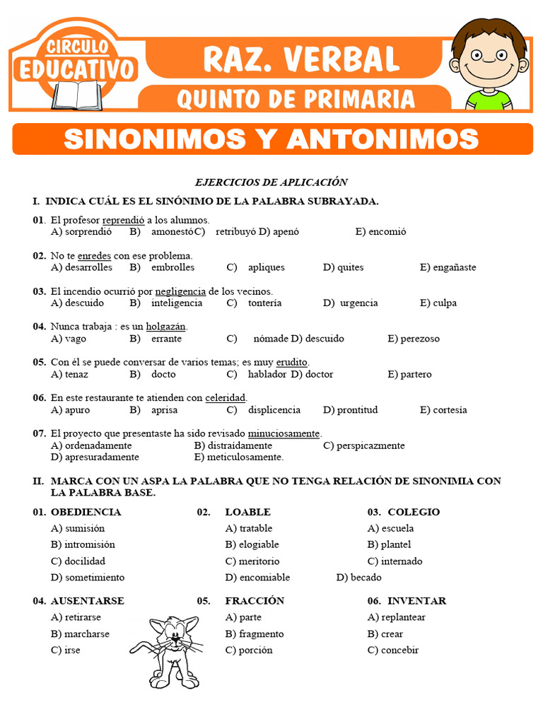 Ejercicios de Sinonimos y Antonimos para Quinto de Primaria | PDF