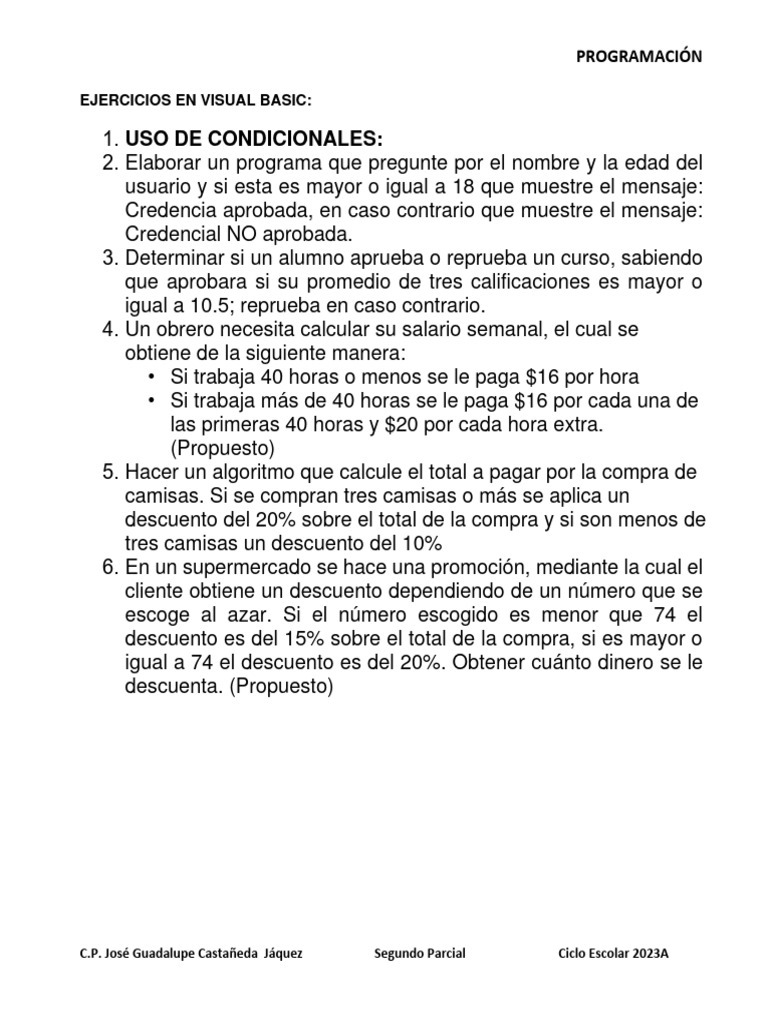 Ejercicios en Visual Basic - Incluye Condicionales | PDF