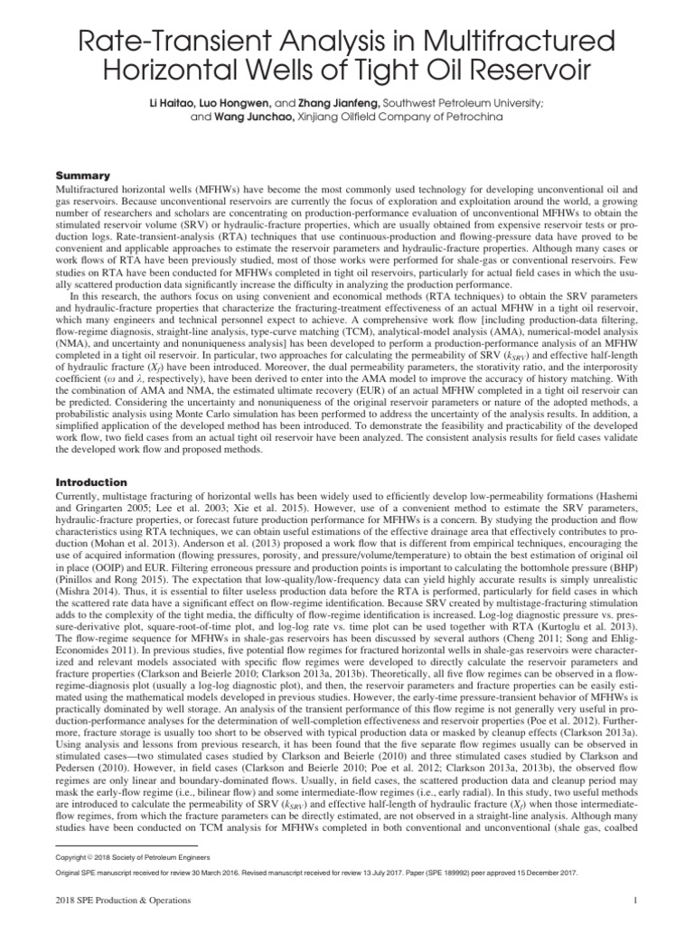 Rate-Transient Analysis in Multifractured Horizontal Wells of Tight Oil ...