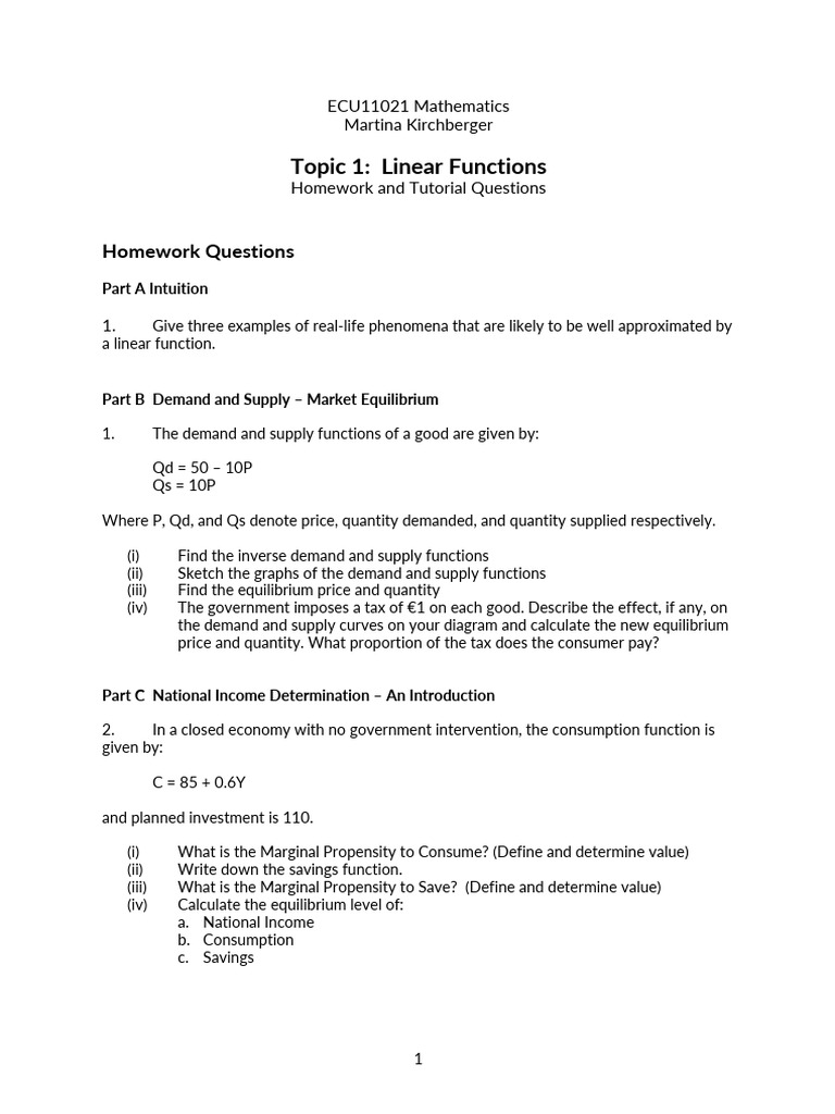 ECU11021 2023-2024 Topic 1 Linear Functions - Homework and Tutorial Questions | PDF | Supply And ...