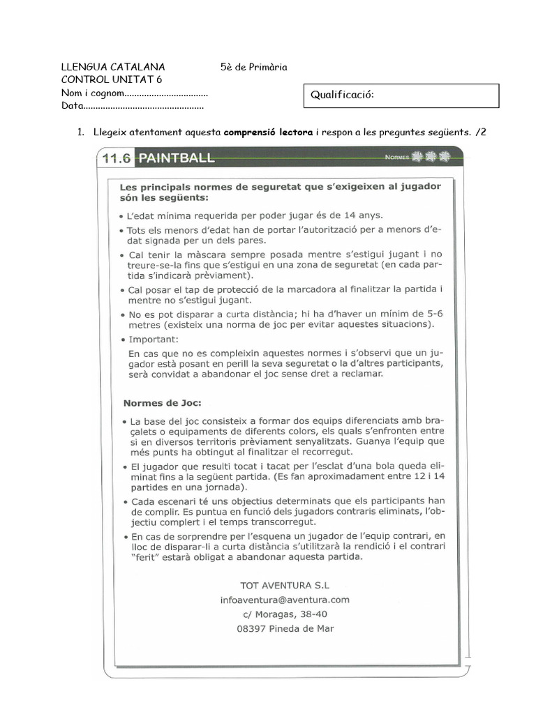 CONTROL Català TEMA 6 | PDF