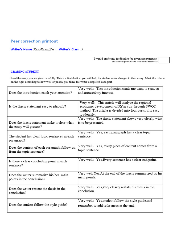 Peer Feedback Sheet | PDF | Essays | Human Communication