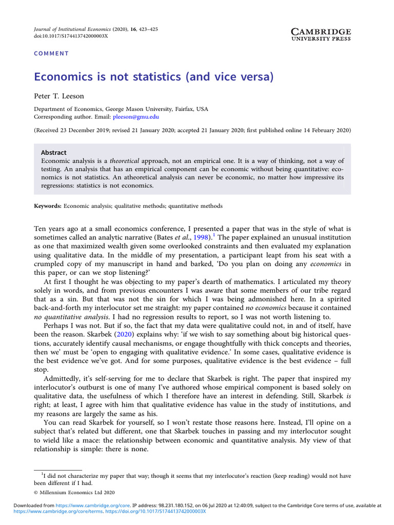 Leeson - Economics Is Not Statistics (And Vice Versa) | PDF