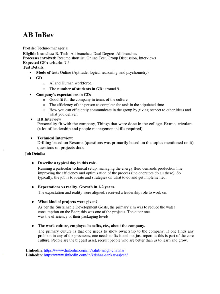 AB InBev Interview Process Overview | PDF