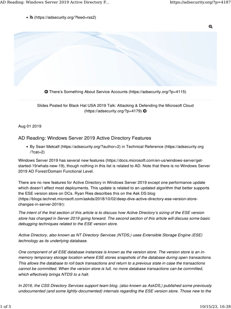 AD Reading Windows Server 2019 Active Directory Features - Active Directory Security | PDF