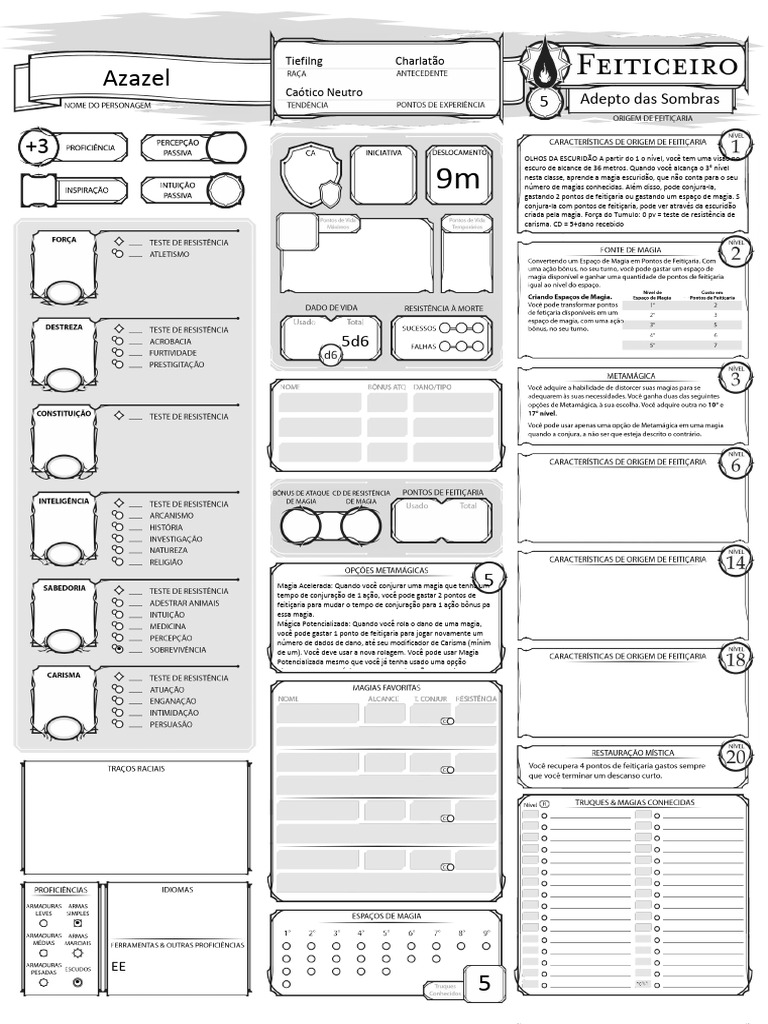 DnD 5e - Ficha - Feiticeiro - Editável(1) | PDF