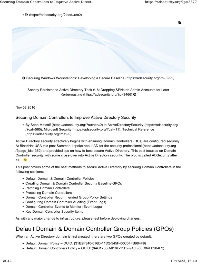 Securing Domain Controllers to Improve Active Directory Security ...