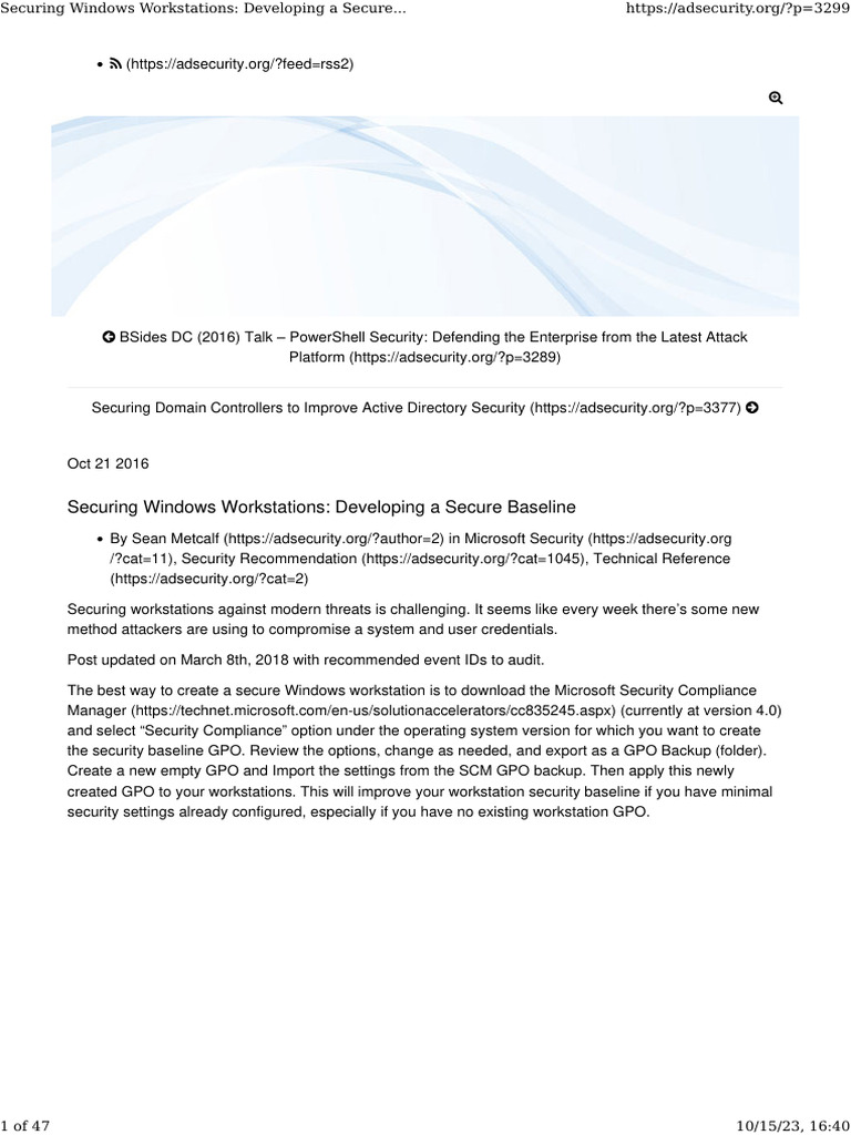 Securing Windows Workstations Developing A Secure Baseline - Active Directory Security | PDF