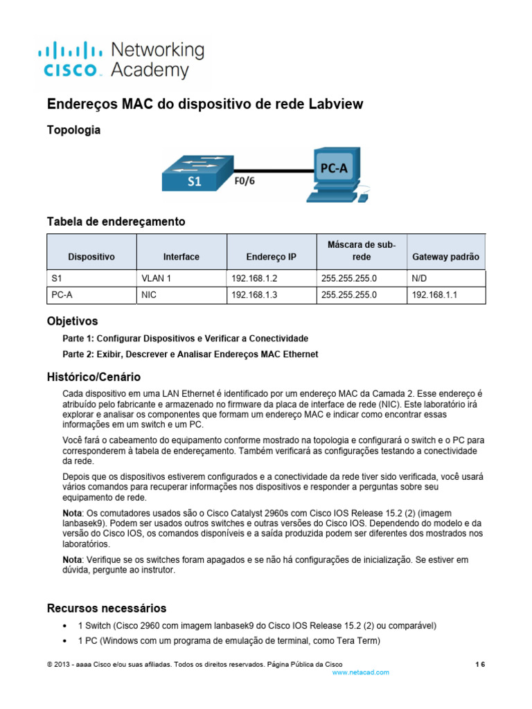 7.2.7 Lab View Network Device Mac Addresses PT BR | PDF | Comutador de rede | Rede de computadores