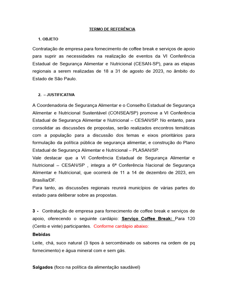 Termo de Referencia - CAFÉ CONFERÊNCIAS (1).Docx | PDF | Recibo ...