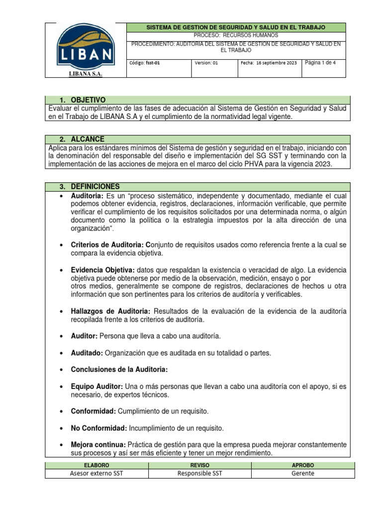 Formato para el Procedimiento de Auditoria del SG-SST | PDF | Auditoría | Contralor