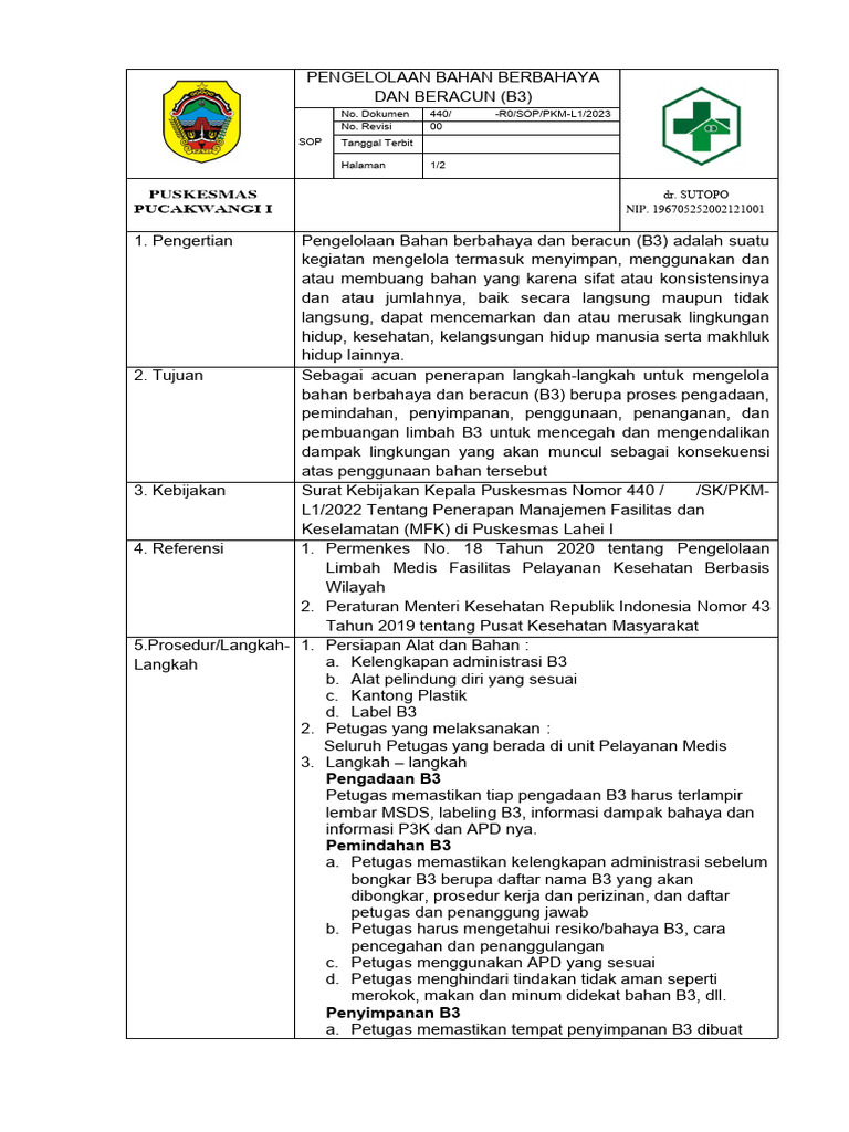 Sop Pengelolaan Bahan b3 | PDF