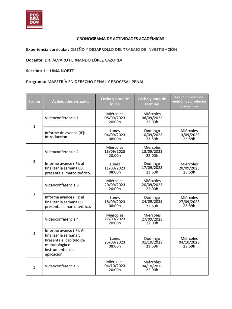 Cronograma Diseño 1T1 LN 2023-02 MDPPP | PDF | Informática
