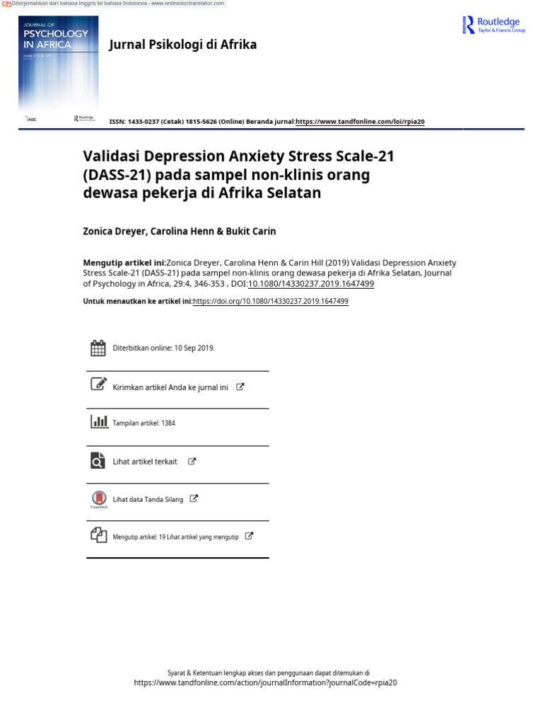 Validation of The Depression Anxiety Stress Scale-21 DASS-21 in A Non ...