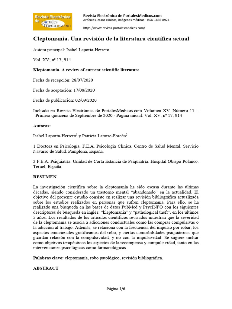 Artculo Cleptomania Sept2020 | PDF | Manual Diagnóstico y Estadístico ...