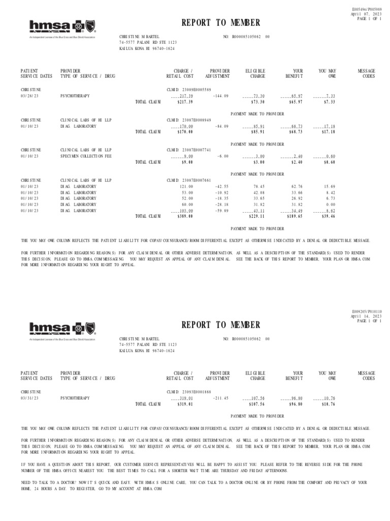 Claims Report for Christine Bartel | PDF