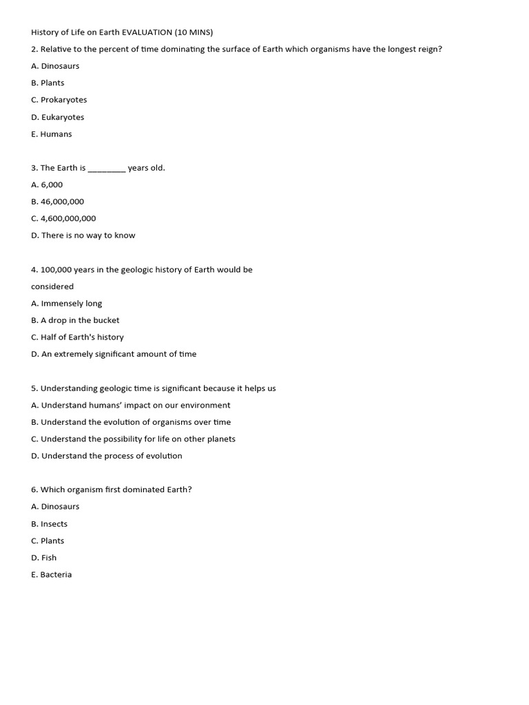 History of Life On Earth EVALUATION | PDF | Social Science