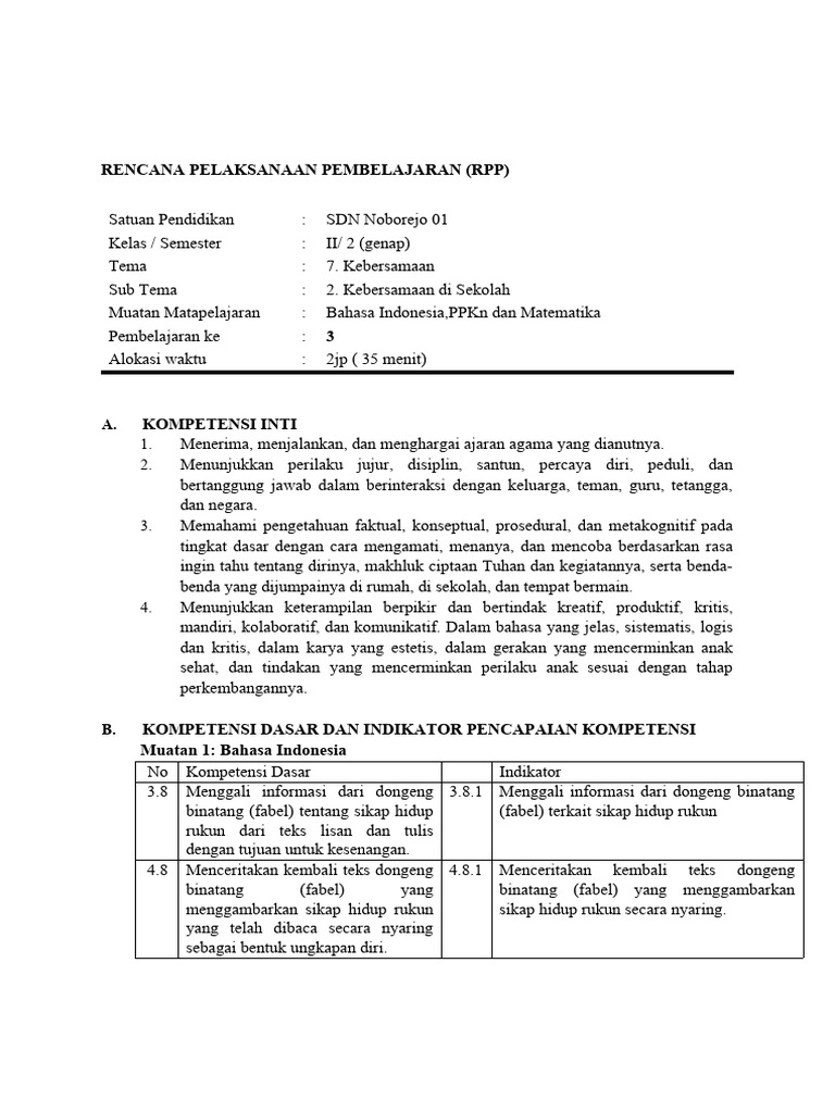 RPP Kelas 2 Tema 7 Subtema 2 Pembelajaran 3 | PDF