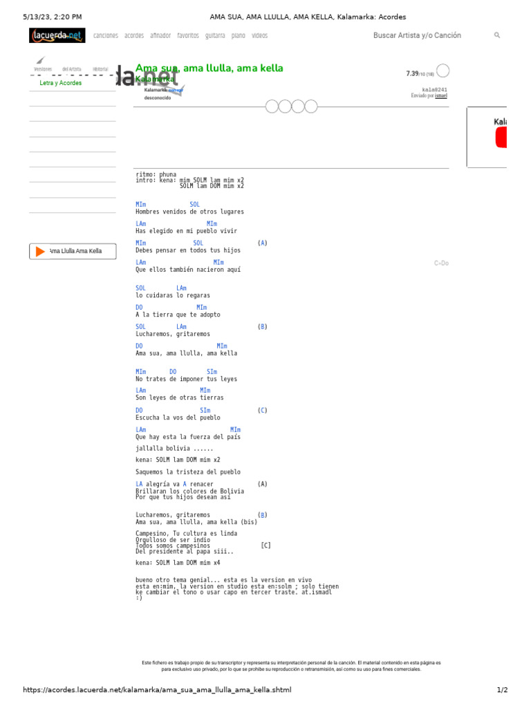 AMA SUA, AMA LLULLA, AMA KELLA, Kalamarka - Acordes | PDF