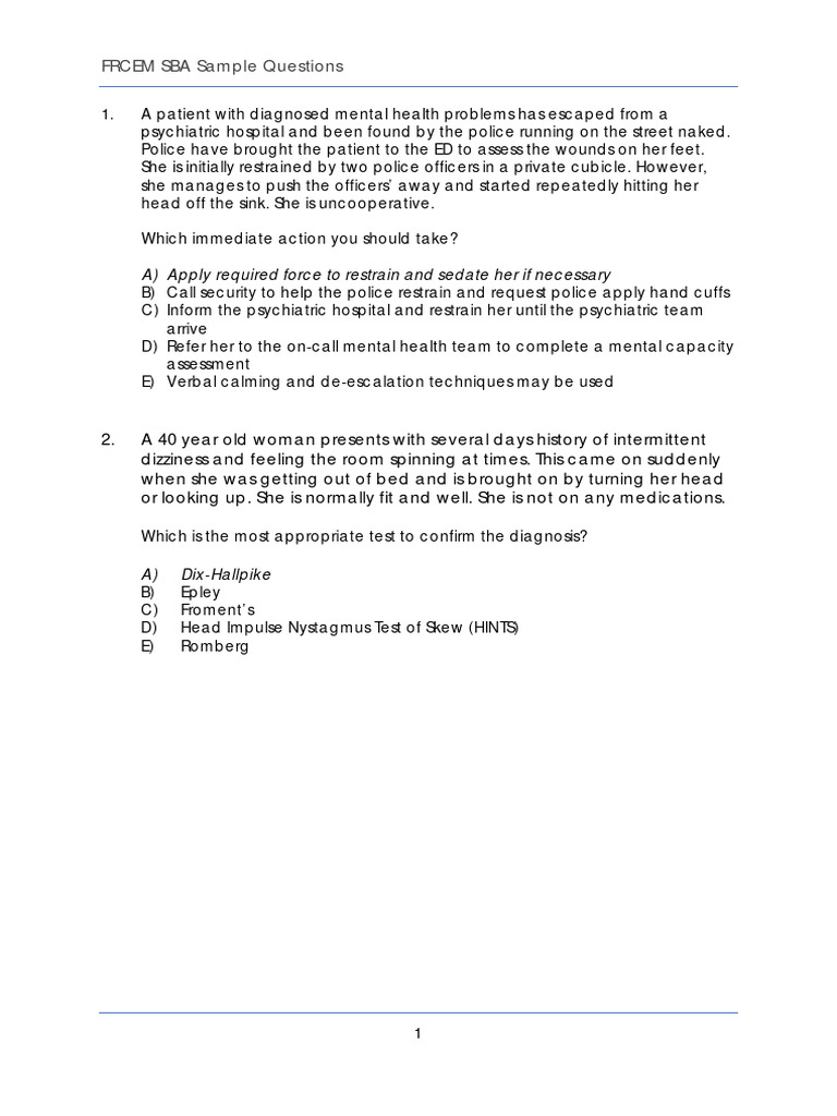 FRCEM SBA Sample Questions for Revision | PDF | Ct Scan | Clinical Medicine