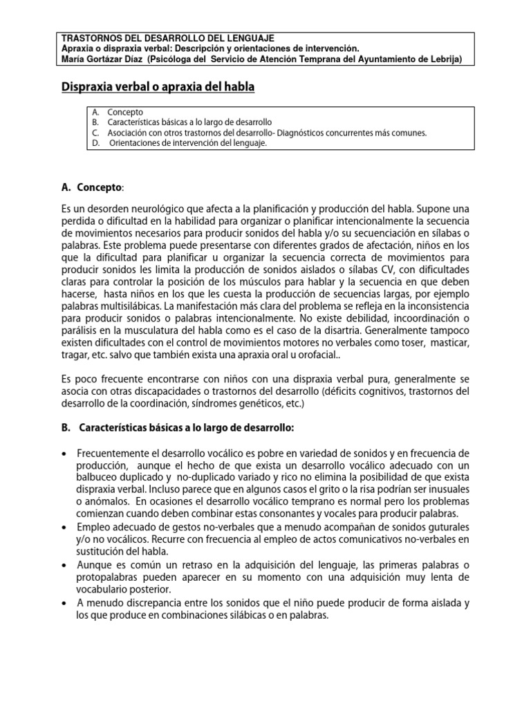 Apraxia o Dispraxia Verbal | Descargar gratis PDF | Trastorno del ...